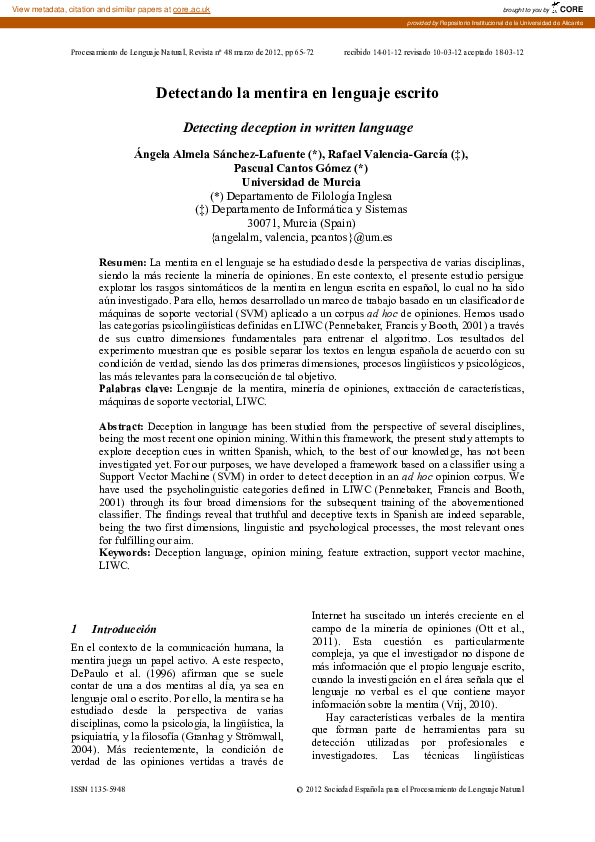 (PDF) Detecting deception in written language