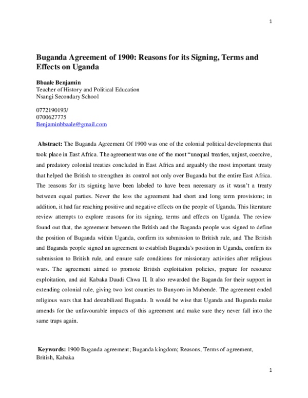 (PDF) Buganda Agreement of 1900: Reasons for its Signing, Terms and ...