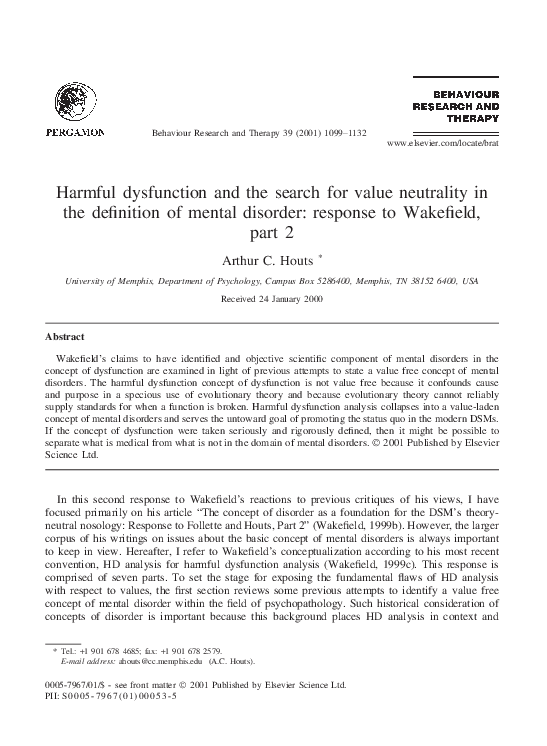 (PDF) Harmful dysfunction and the search for value neutrality in the ...