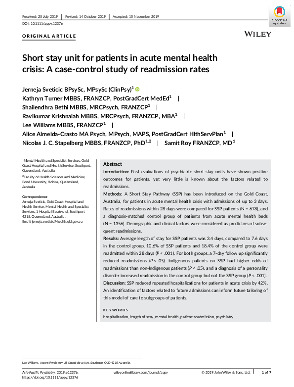 (PDF) Short stay unit for patients in acute mental health crisis: A ...