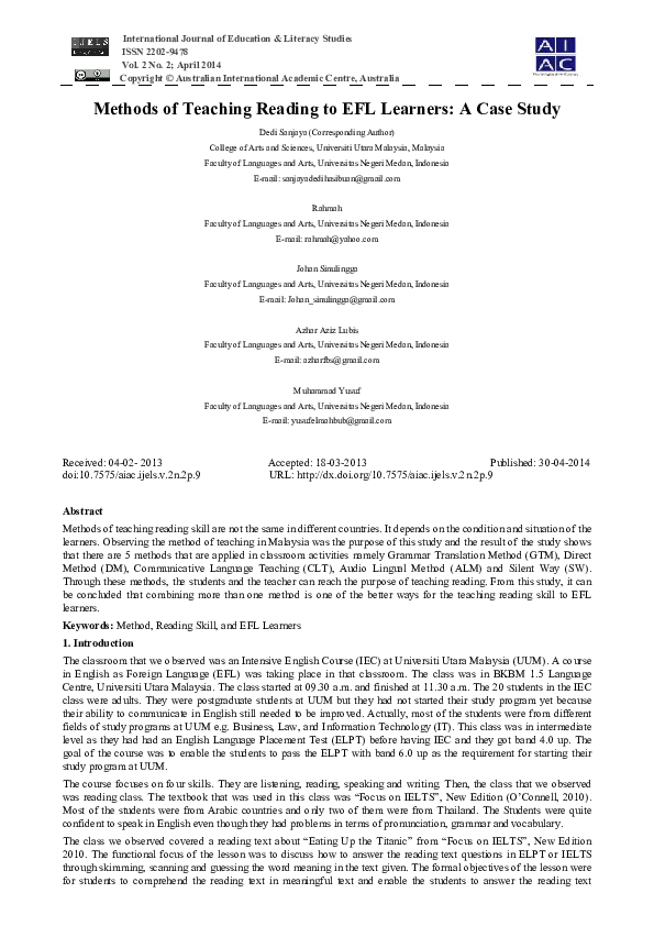 (PDF) Methods of Teaching Reading to EFL Learners: A Case Study
