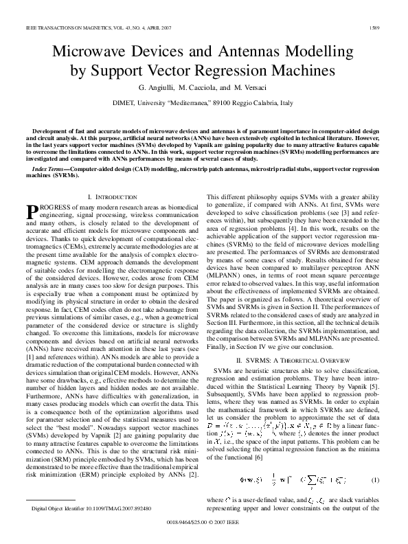 (PDF) Microwave Devices and Antennas Modelling by Support Vector Regression Machines