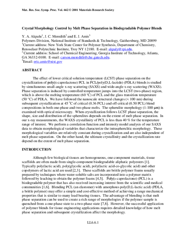 (PDF) Crystal Morphology Control by Melt Phase Separation in Biodegradable Polymer Blends ...
