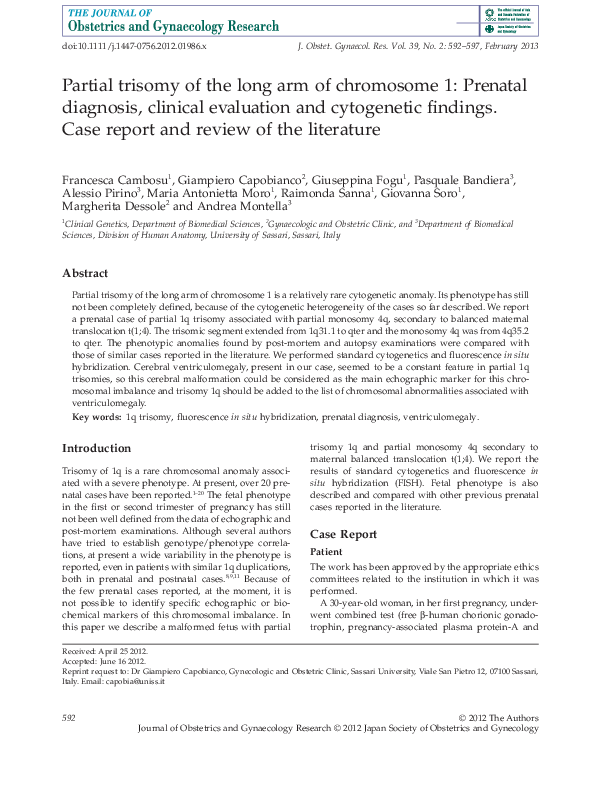 (PDF) Partial trisomy of the long arm of chromosome 1: Prenatal ...