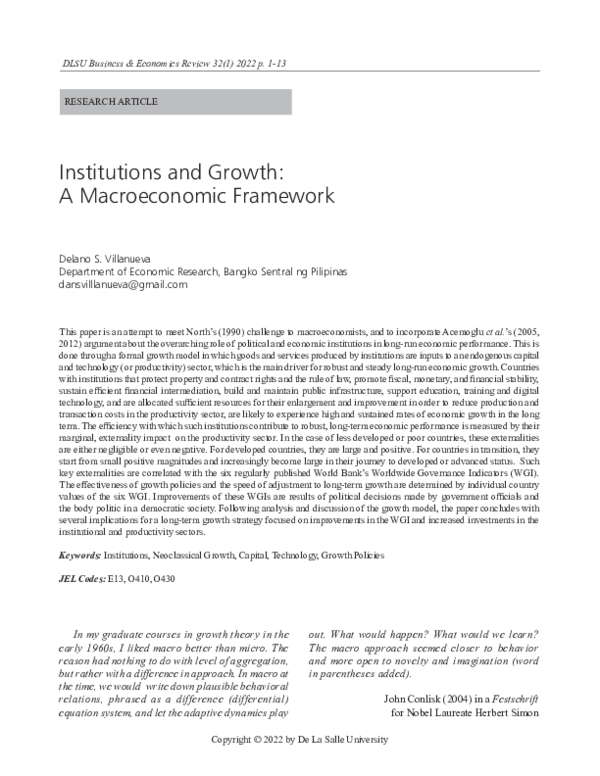 (PDF) Institutions and Growth: A Macroeconomic Framework