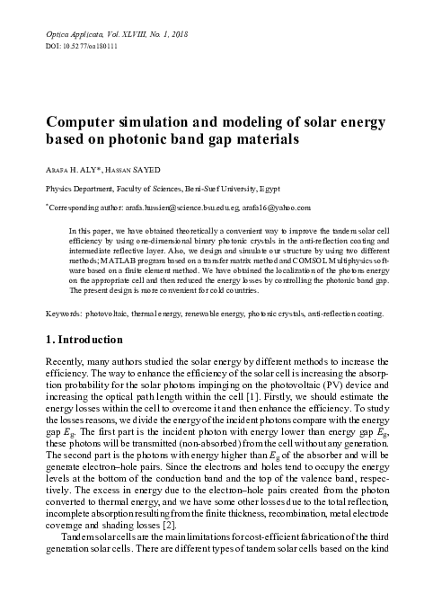(PDF) Computer simulation and modeling of solar energy based on photonic band gap materials ...