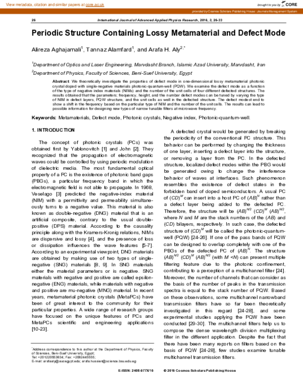 (PDF) Periodic Structure Containing Lossy Metamaterial and Defect Mode