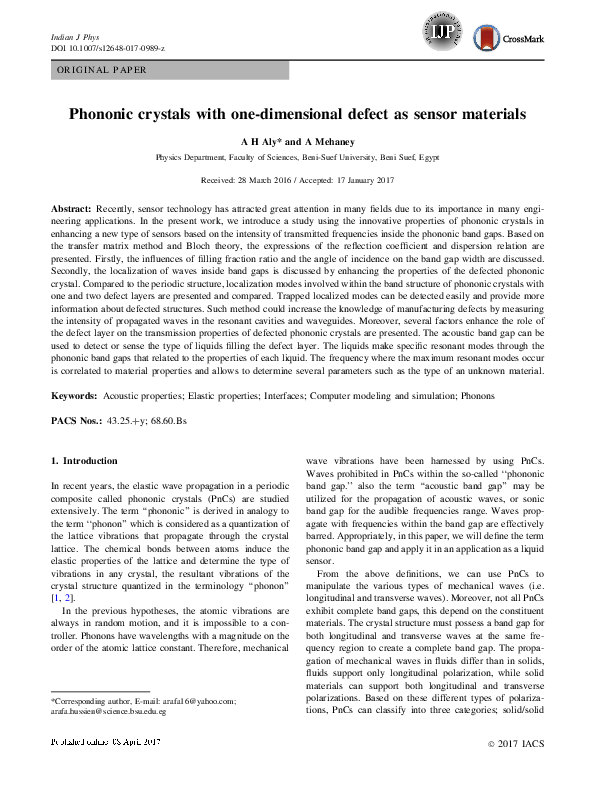 (PDF) Phononic crystals with one-dimensional defect as sensor materials