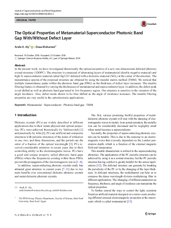 (PDF) The Optical Properties of Metamaterial-Superconductor Photonic Band Gap With/Without ...