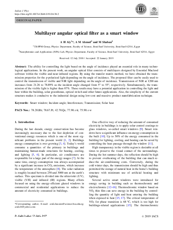 (PDF) Multilayer angular optical filter as a smart window