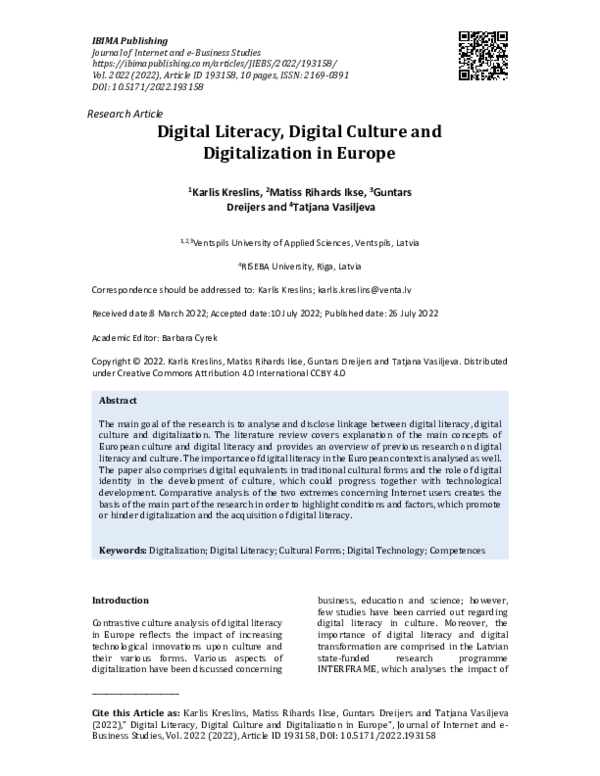 (PDF) Digital Literacy, Digital Culture and Digitalization in Europe
