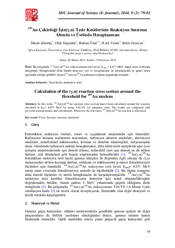 (PDF) Au Çekirdeği İçin(γ,n) Tesir Kesitlerinin Reaksiyon Sınırının ...