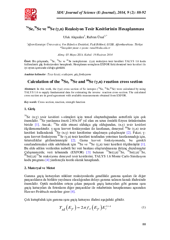 (PDF) 76Se,78Se ve 80Se (Î³,n) Reaksiyon Tesir Kesitlerinin Hesaplanması