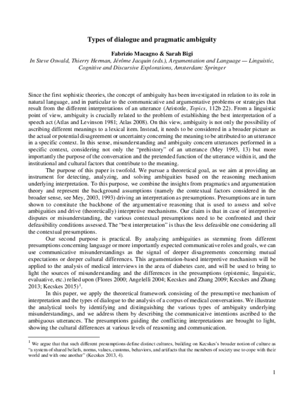 (PDF) Types of Dialogue and Pragmatic Ambiguity (PDF) Types of Dialogue and Pragmatic Ambiguity