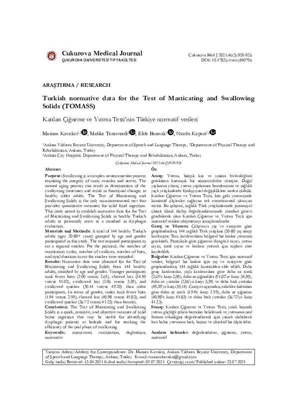 (PDF) Turkish normative data for the Test of Masticating and Swallowing ...