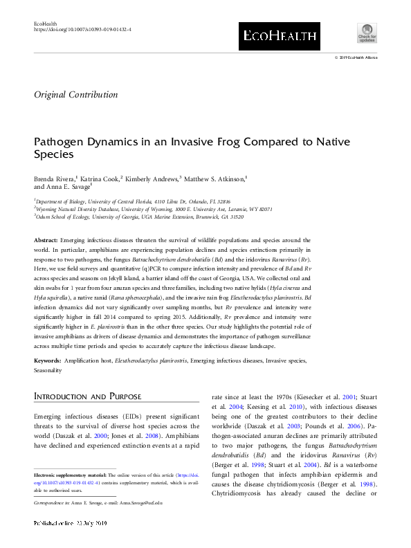 (PDF) Pathogen Dynamics in an Invasive Frog Compared to Native Species