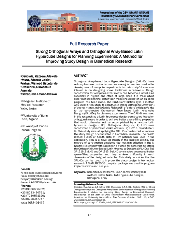 Pdf Strong Orthogonal Arrays And Orthogonal Array Based Latin Hypercube Designs For Planning