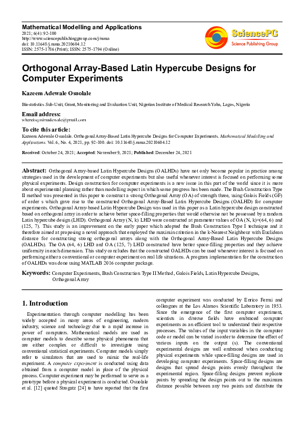 (PDF) Orthogonal Array-Based Latin Hypercube Designs for Computer Experiments