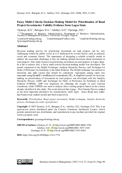 (PDF) Fuzzy Multi-Criteria Decision-Making Model for Prioritisation of Road Project Investments ...