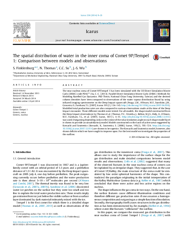 (PDF) The spatial distribution of water in the inner coma of Comet 9P/Tempel 1: Comparison ...