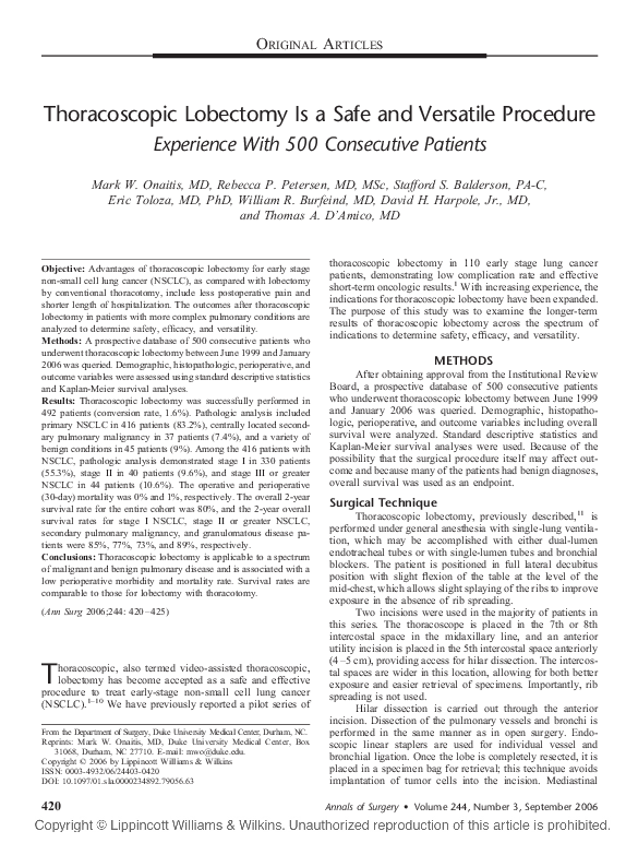 (PDF) Thoracoscopic Lobectomy Is a Safe and Versatile Procedure ...