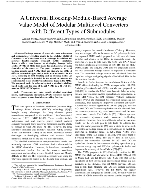 (PDF) A Universal Blocking-Module-Based Average Value Model of Modular Multilevel Converters ...