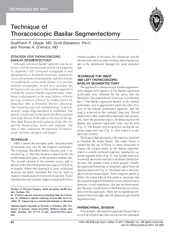 Pdf Technique Of Thoracoscopic Basilar Segmentectomy Stafford Balderson