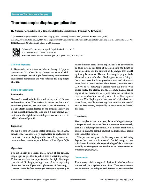 (PDF) Thoracoscopic diaphragm plication