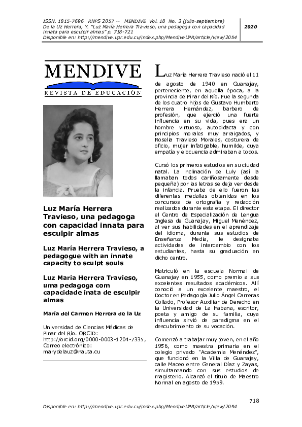 (PDF) Luz María Herrera Travieso, a pedagogue with an innate capacity ...