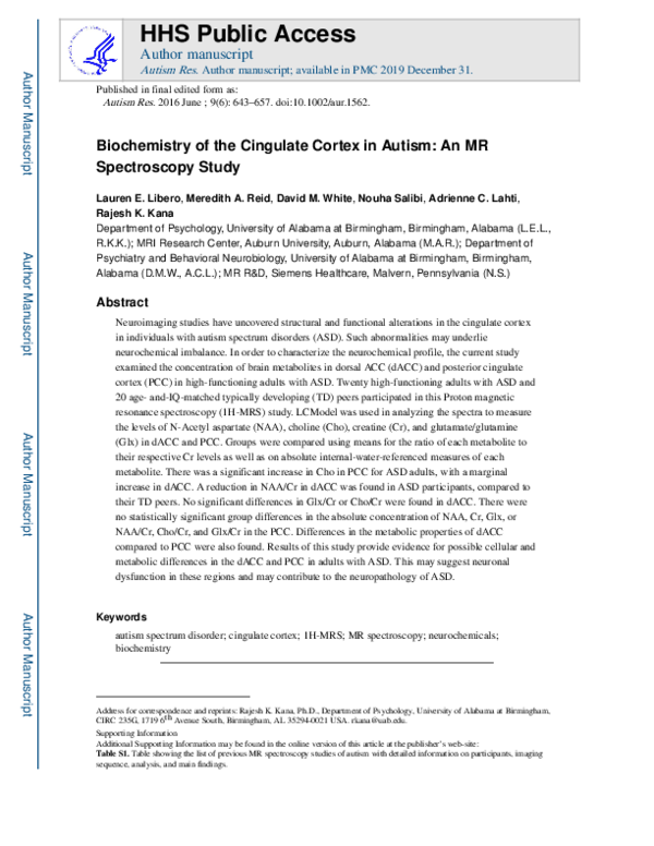 (PDF) Biochemistry of the cingulate cortex in autism: An MR spectroscopy study