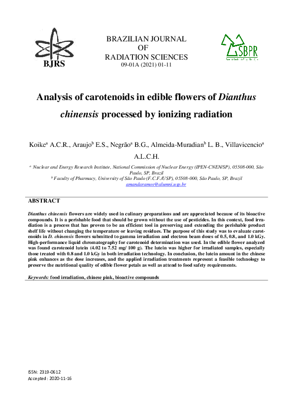 (PDF) Analysis of carotenoids in edible flowers of Dianthus chinensis processed by ionizing ...