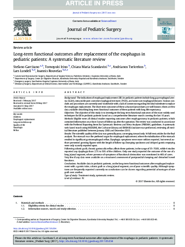 Pdf Long Term Functional Outcomes After Replacement Of The Esophagus In Pediatric Patients A
