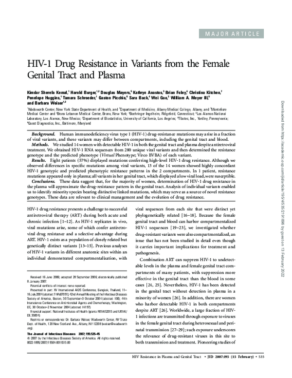 (PDF) HIV‐1 Drug Resistance in Variants from the Female Genital Tract and Plasma
