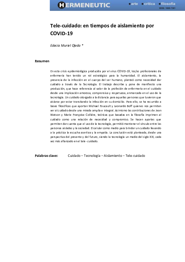 (PDF) Tele-cuidado: en tiempos de aislamiento por COVID-19