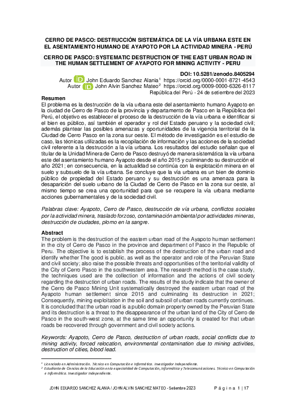 (PDF) CERRO DE PASCO: DESTRUCCIÓN SISTEMÁTICA DE LA VÍA URBANA ESTE EN EL ASENTAMIENTO HUMANO DE ...