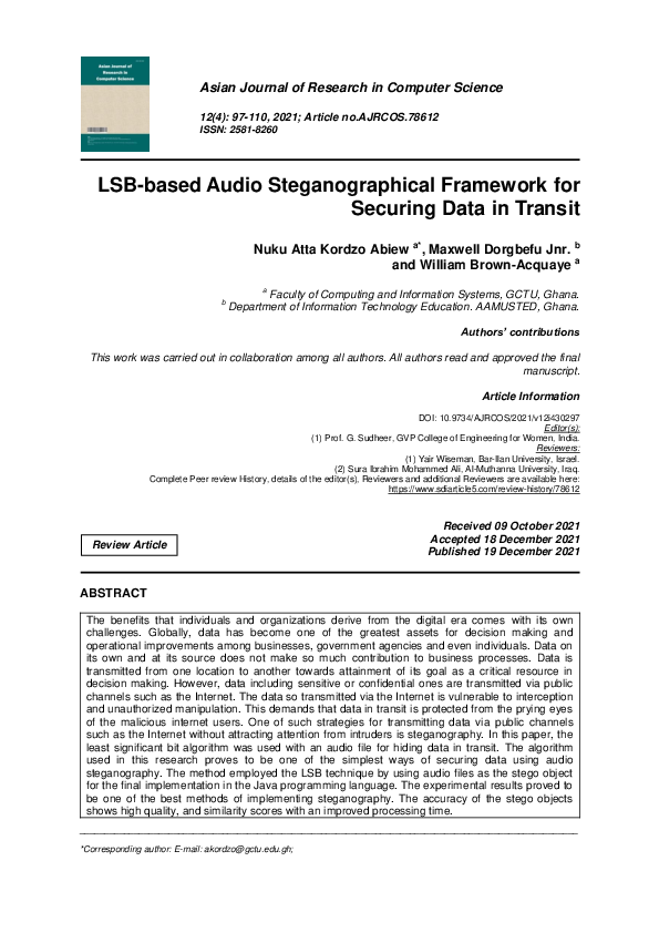 (PDF) LSB-based Audio Steganographical Framework for Securing Data in Transit