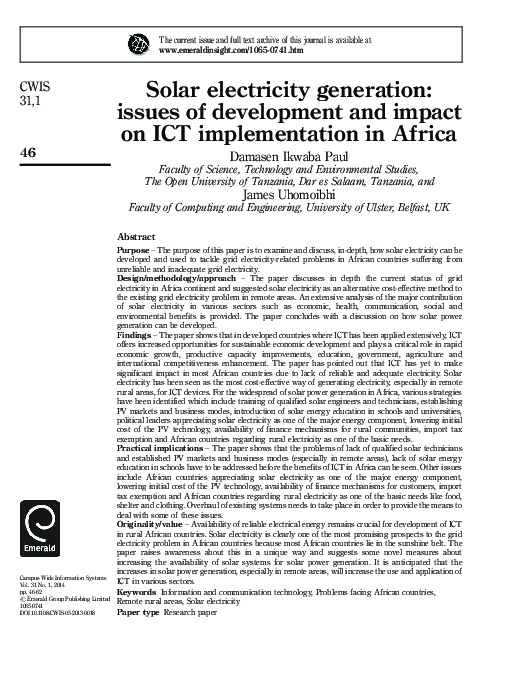 (PDF) Solar electricity generation: issues of development and impact on ...