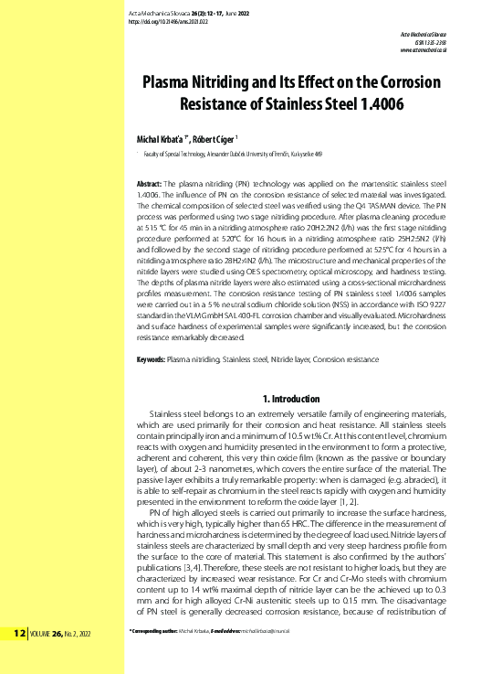 (PDF) Plasma Nitriding and Its Effect on the Corrosion Resistance of Stainless Steel 1.4006
