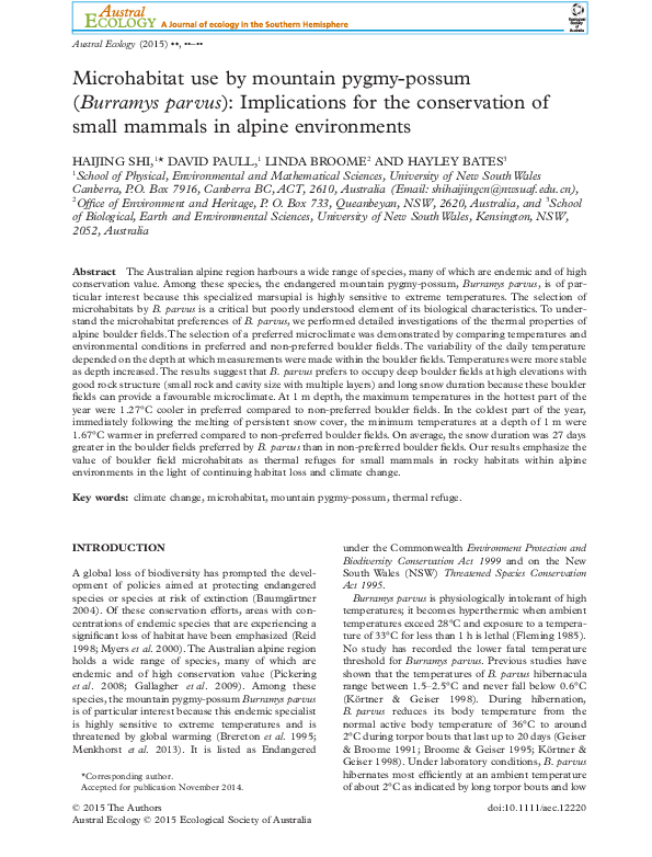 (PDF) Microhabitat use by mountain pygmy-possum (Burramys parvus ...