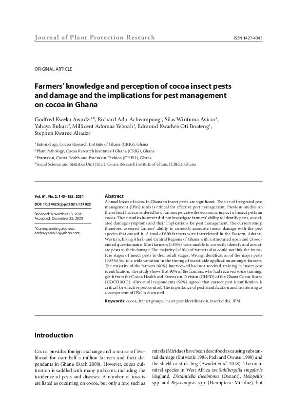 (PDF) Farmers’ knowledge and perception of cocoa insect pests and ...