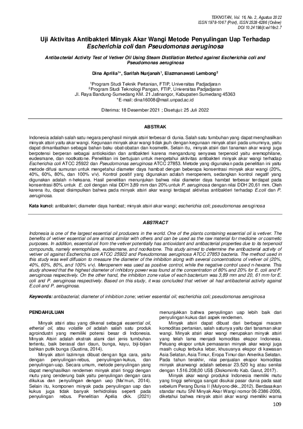 (PDF) Uji Aktivitas Antibakteri Minyak Akar Wangi Metode Penyulingan ...