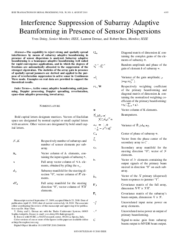 Pdf Interference Suppression Of Subarray Adaptive Beamforming In Presence Of Sensor Dispersions
