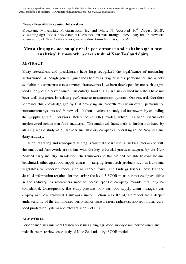 (PDF) Measuring agri-food supply chain performance and risk through a new analytical framework ...