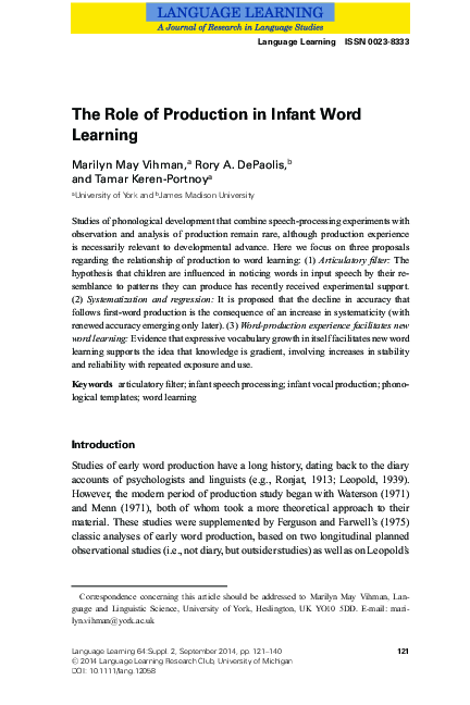 (PDF) The Role of Production in Infant Word Learning