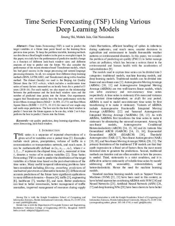 (PDF) Time Series Forecasting (TSF) Using Various Deep Learning Models
