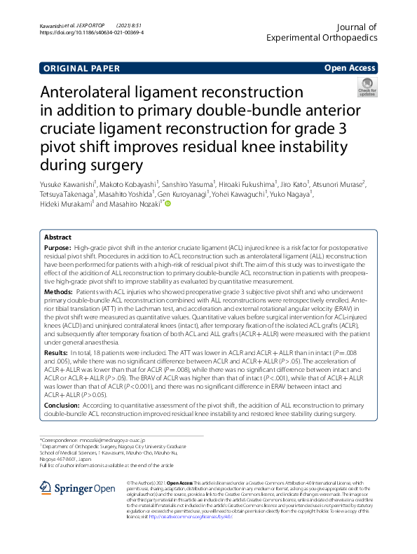 (PDF) Anterolateral ligament reconstruction in addition to primary ...