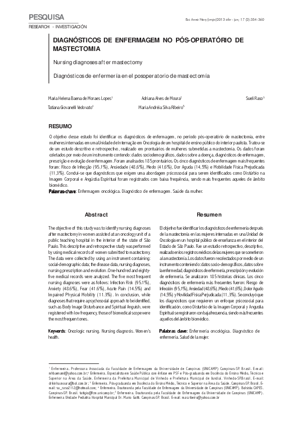 (PDF) Diagnósticos de enfermagem no pós-operatório de mastectomia