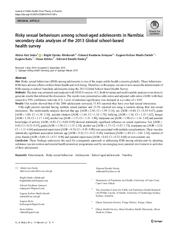 Pdf Risky Sexual Behaviours Among School Aged Adolescents In Namibia