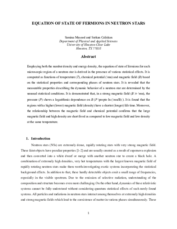 (PDF) Equation of state of fermions in neutron stars