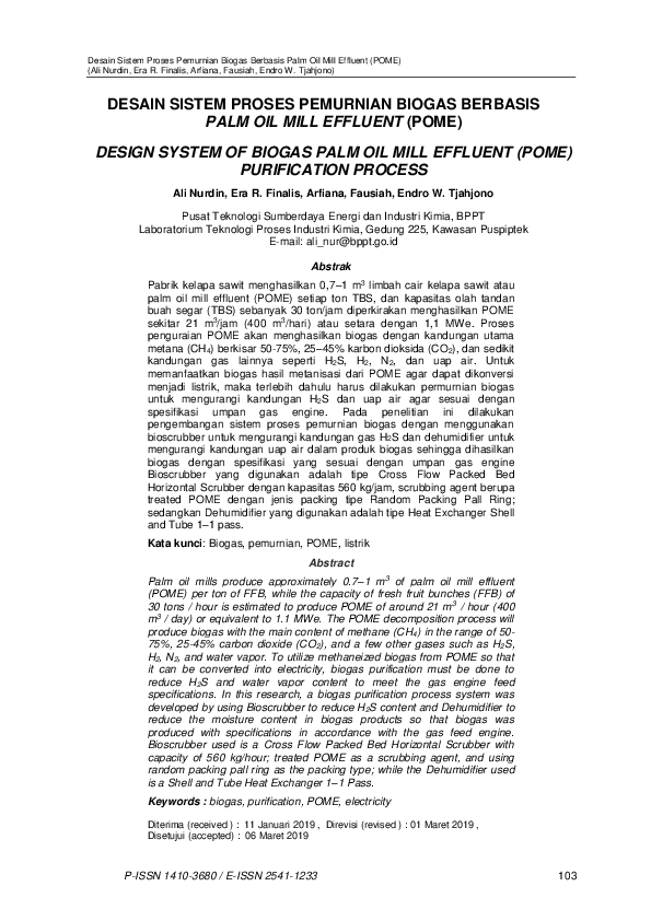 (PDF) Pengembangan Desain Sistem Proses Pemurnian Biogas Berbasis Palm Oil Mill Effluent (Pome)